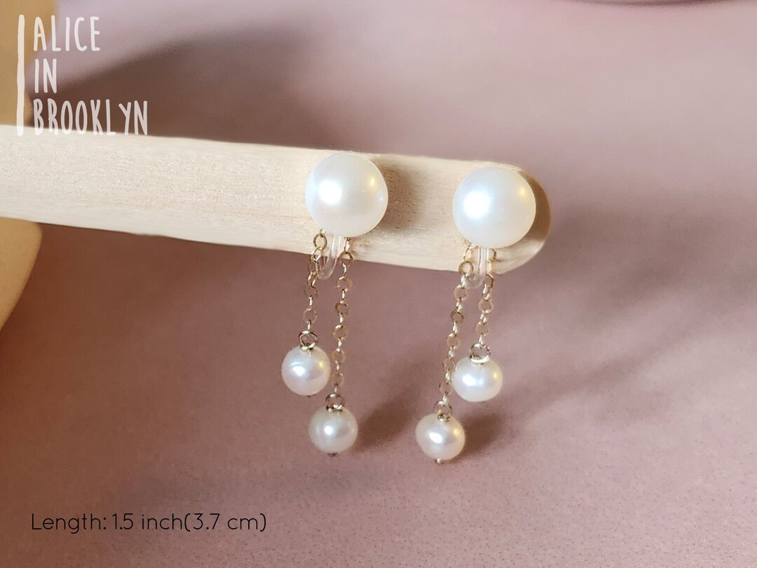 Natural Cultured Pearls Clip on Chain Dangle Earrings for Woman ...