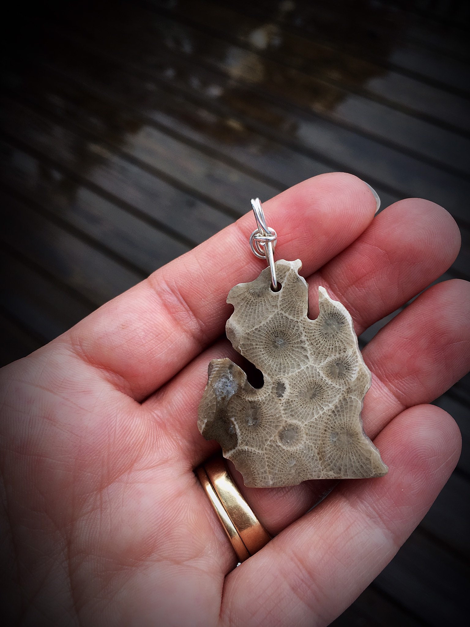 Sterling Silver Wire Wrapped Petoskey Stone Michigan Shaped Pendants!!