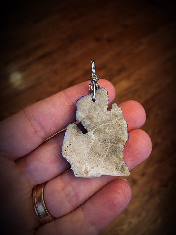 Sterling Silver Wire Wrapped Petoskey Stone Michigan Shaped Pendants!!