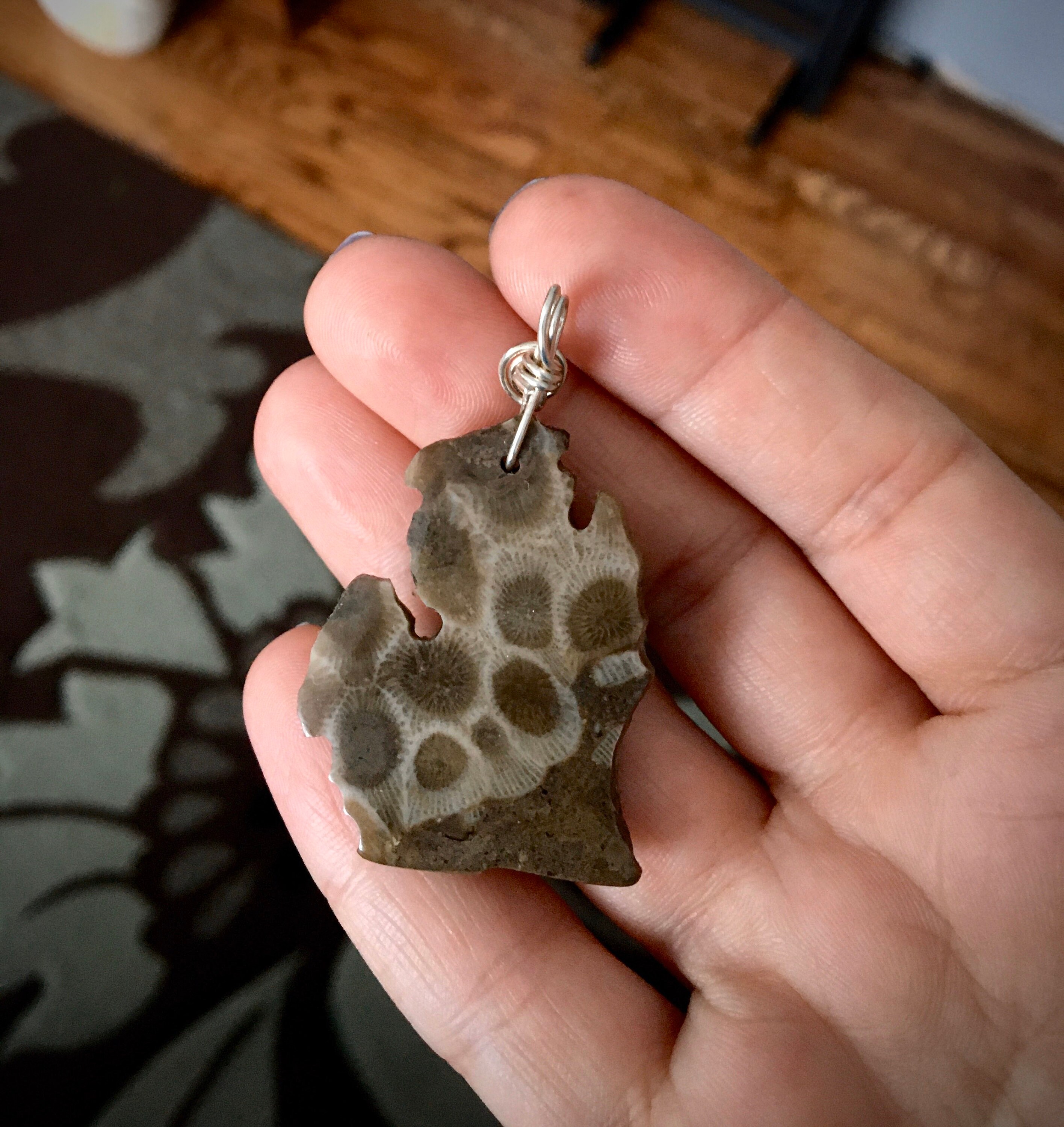 Sterling Silver Wire Wrapped Petoskey Stone Michigan Shaped Pendant!!