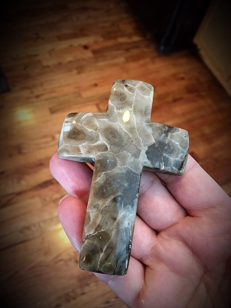 Beautifully Hand Polished Cross Shaped Petoskey Stone
