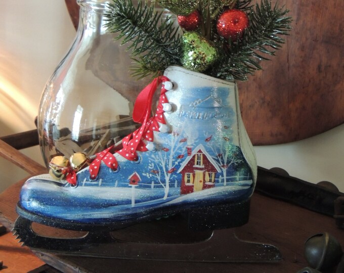 Original Hand Painted White Ice Skate-winter Scene With Red - Etsy