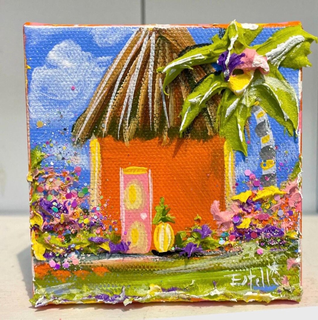 Pineapple Tiki Hut 4x4 Mini Art Original Acrylic Painting Free Ship - Etsy