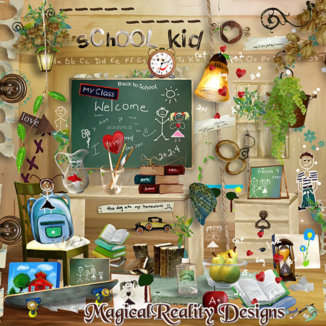 Digital Scrapbook Kit School Kid embellishments PNG Clip | Etsy