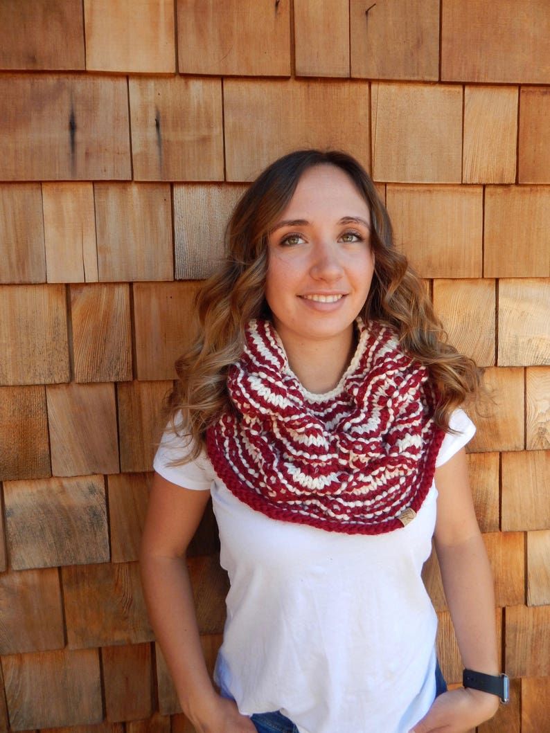 Neck Warmer Knitted Cowl Infinity Scarf Cranberry and Cream - Etsy