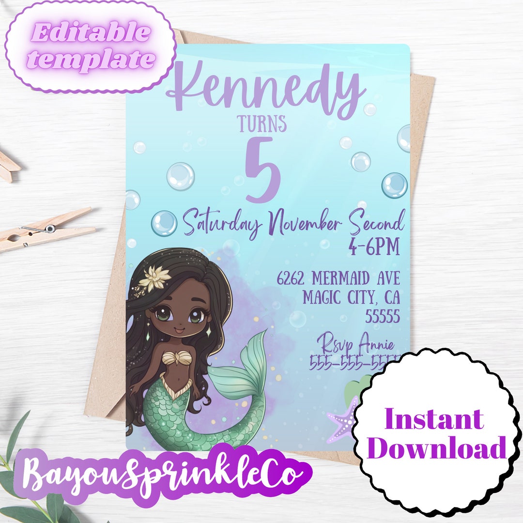 Dark Skinned Mermaid Digital Birthday Invitation Template - Etsy