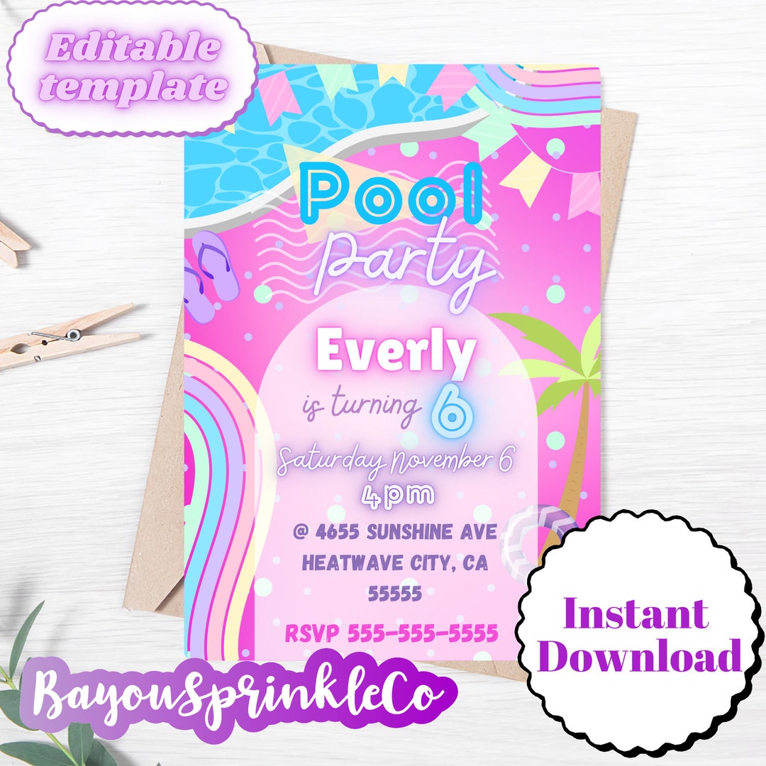 Trendy Pink Pool Party Birthday Invitation Template - Etsy