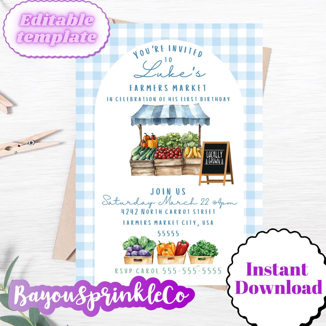 Blue Farmers Market Theme Invitation Template - Etsy