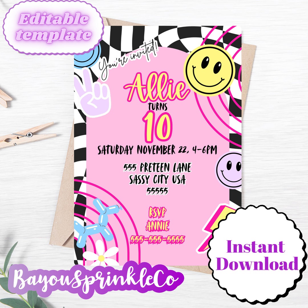 Preppy Smiley Face Birthday Invitation Template - Etsy