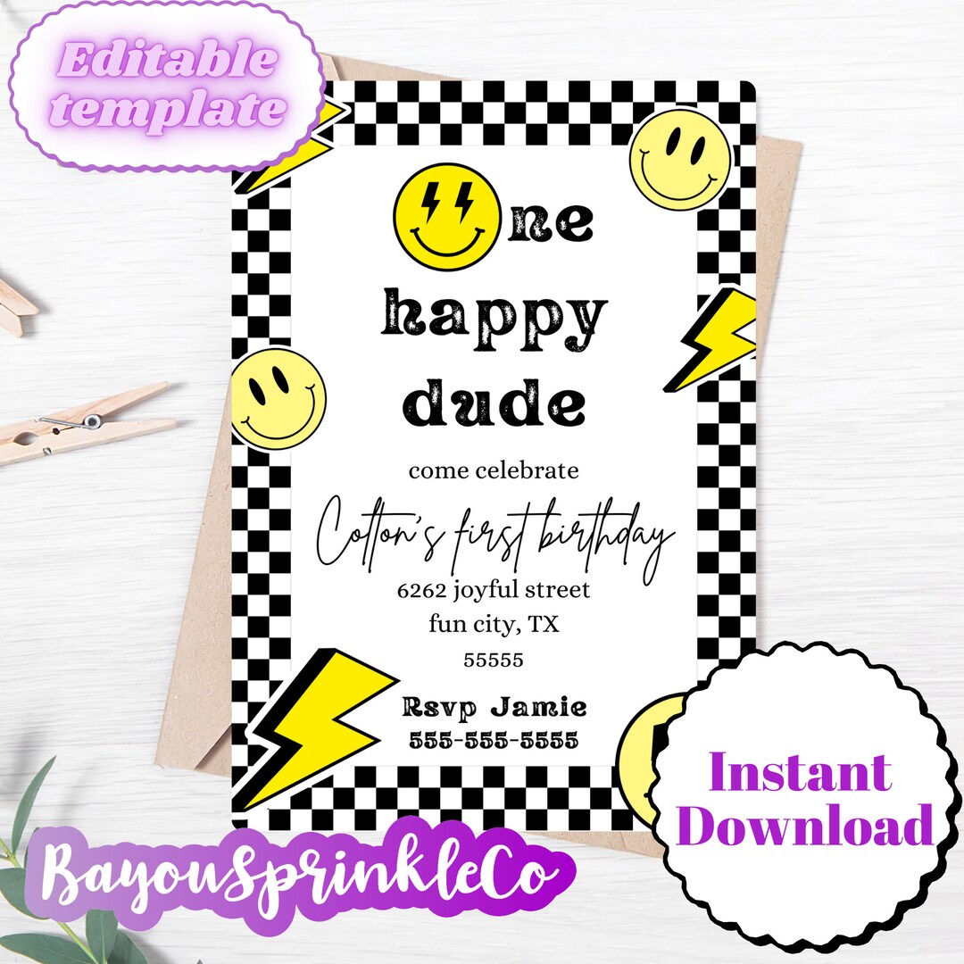 One Happy Dude Smiley Face Lightning Bolt First Birthday Invitation ...
