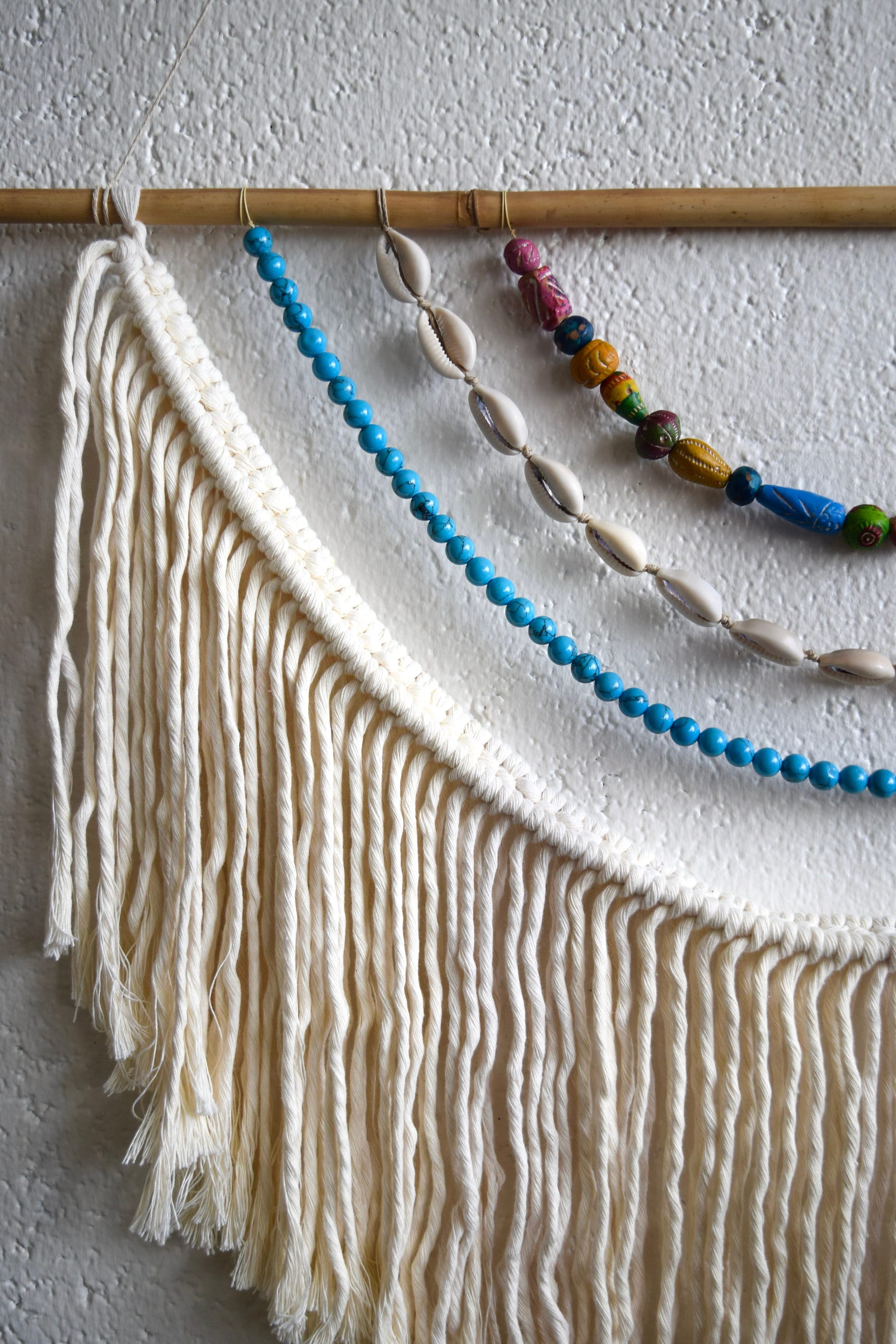 White Macrame Lei Hanging, Made in Hawaii on Bamboo With Turquoise ...