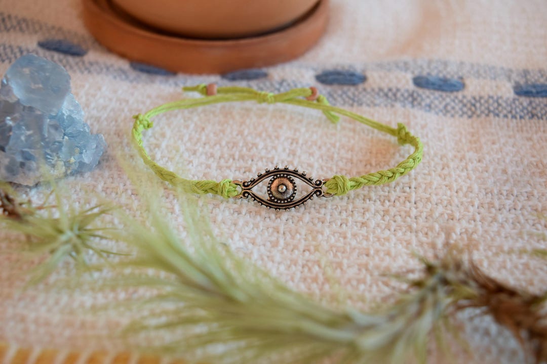 EVIL EYE Pink, Green Hemp Bracelet, Adjustable, Sliding Knots, Bohemian ...