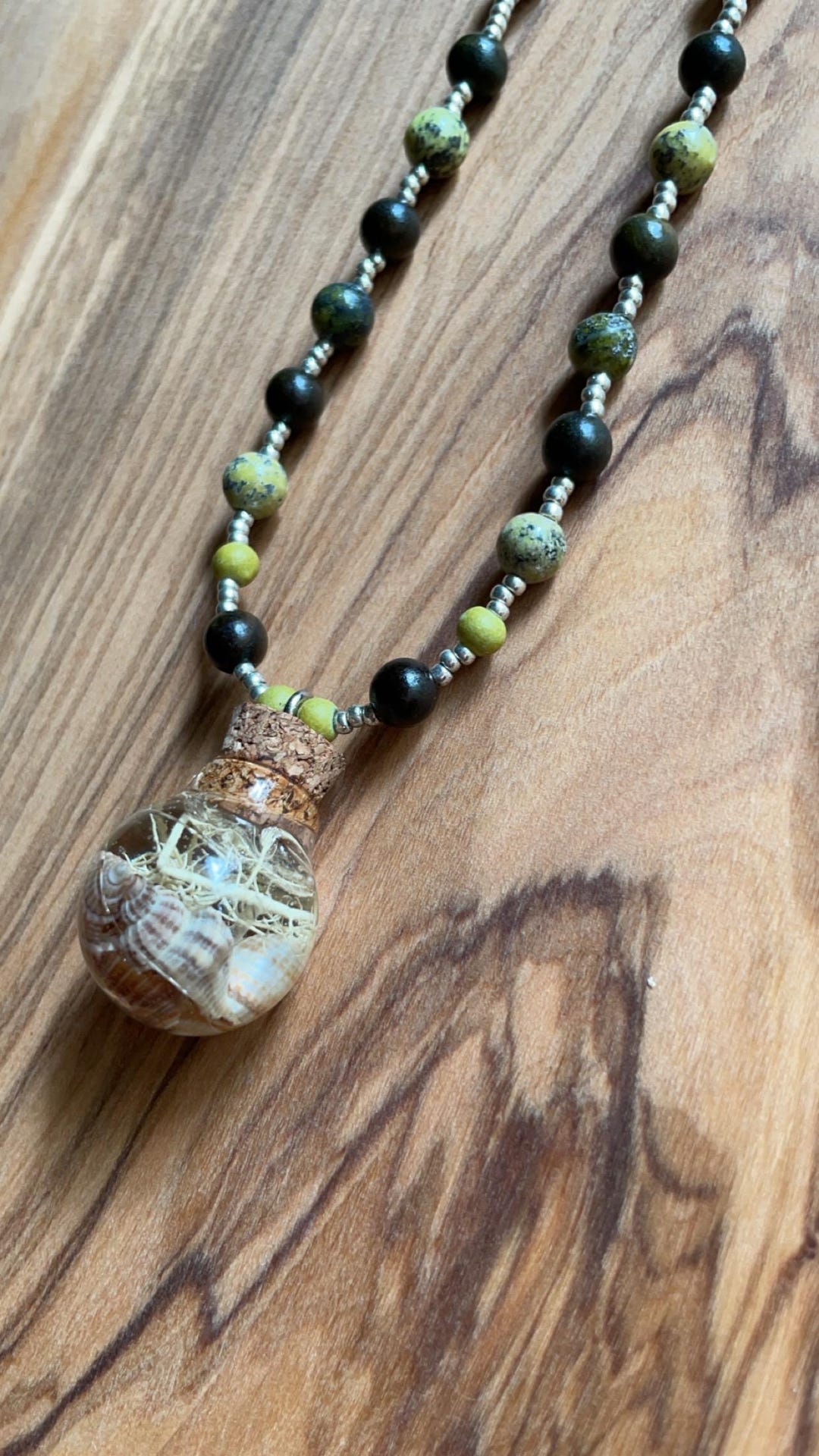 The Siren: Glass Shell Filled Bottle Pendant With Seed Beads, and Green ...