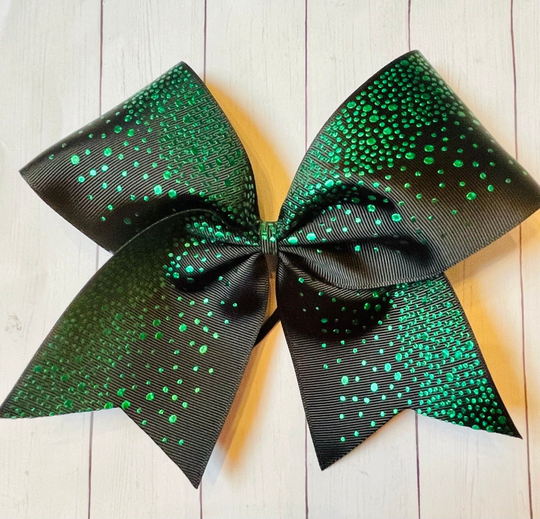 BLACK CHEER Bow - Green HOLOGRAPHIC Cheer Bow- Sparkle Dot Ribbon ...