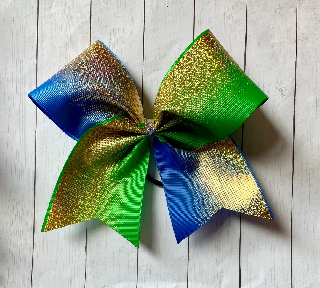Royal Blue and Emerald Green Gold Holographic Ombré Cheer Bow / Tick ...