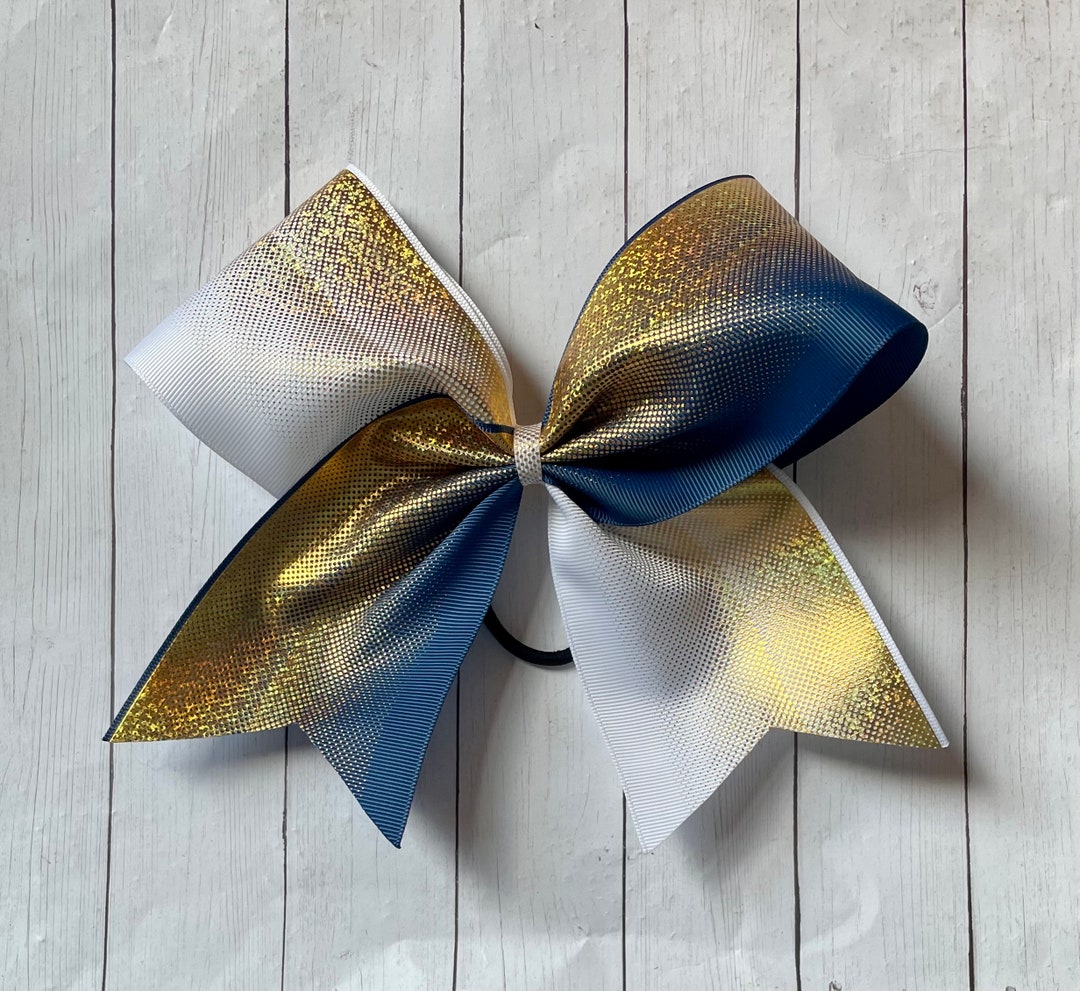 Navy Blue and White Gold Holographic Ombré Cheer Bow / Tick Tock Bow ...