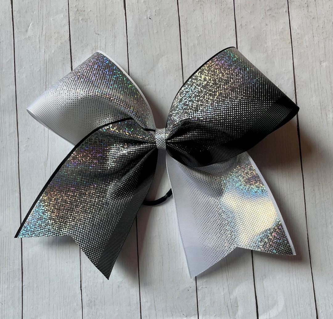 White and Black Silver Holographic Ombré Cheer Bow / Tick Tock Bow for ...