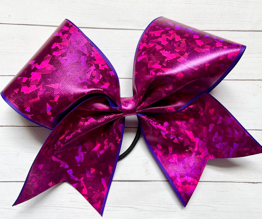 Hot PINK CHEER Bow - Big HOLOGRAPHIC Cheer Bow - Shiny Vinyl Ribbon ...