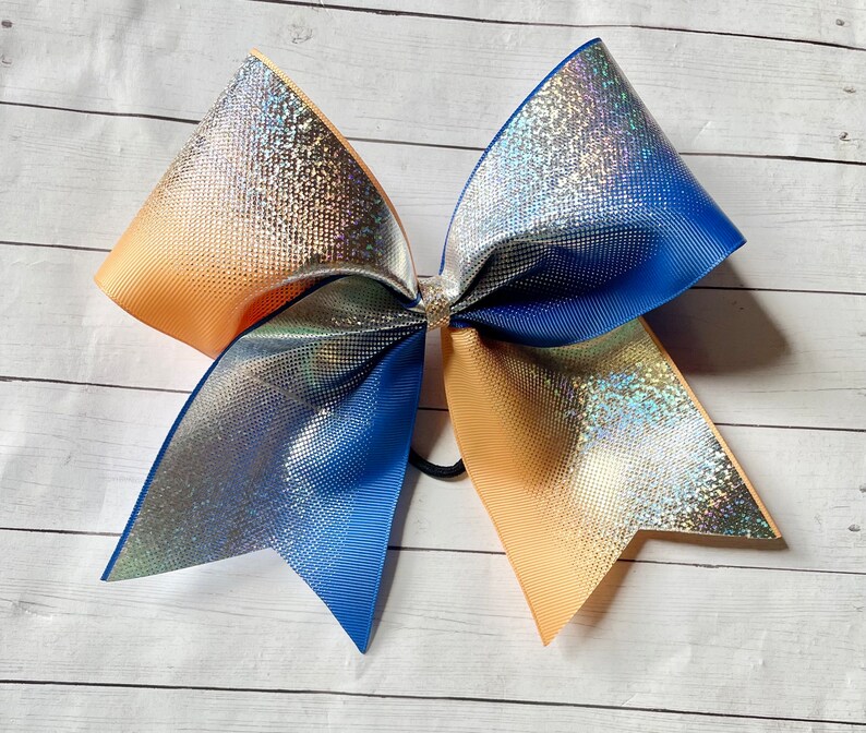 Royal Blue and Yellow Gold Silver Holographic Ombré Cheer Bow / Tick ...