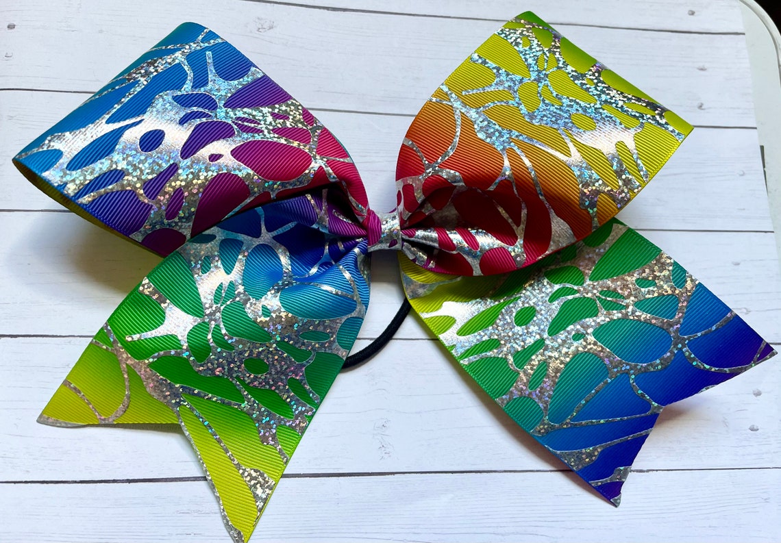 RAINBOW Cheer Bow Platinum Silver LIGHTENING Neon Pastel Big 3 ...