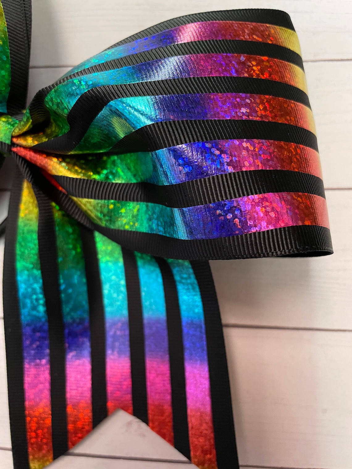 Black CHEER Bow - Rainbow HOLOGRAPHIC Cheer Bow- Sparkley Ribbon ...