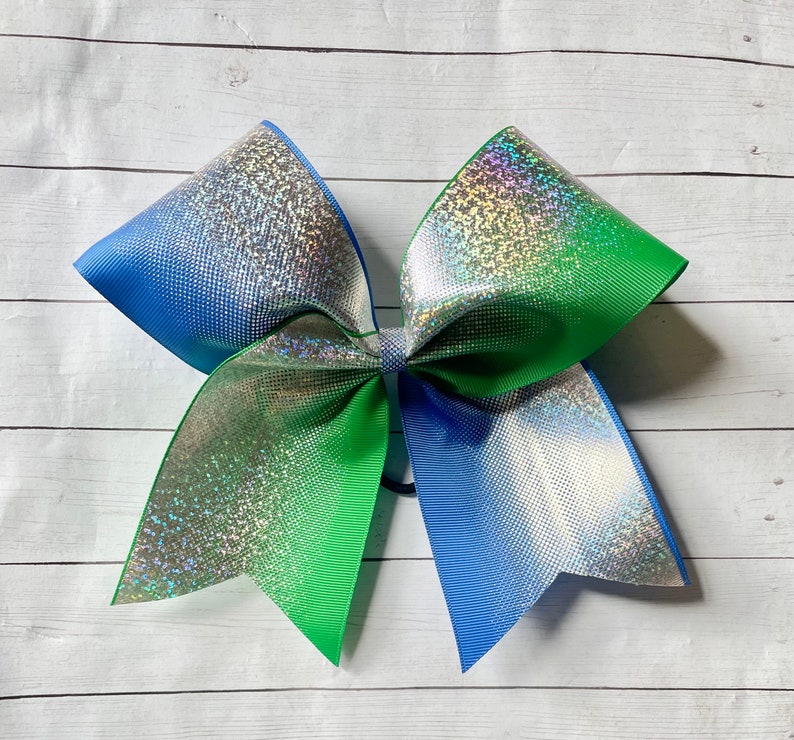 Emerald Green and Royal Blue Silver Holographic Ombré Cheer Bow / Tick ...
