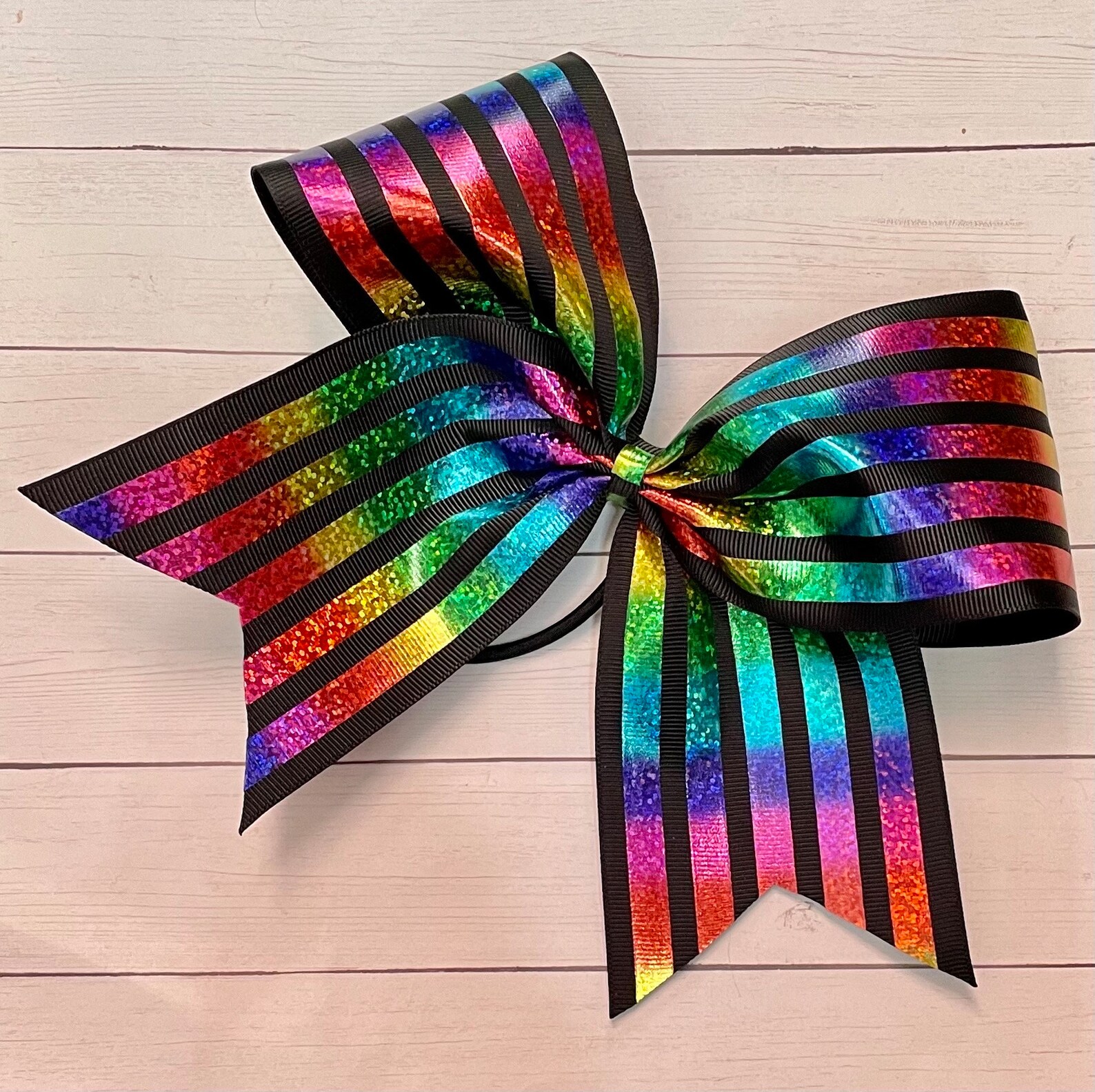 Black CHEER Bow - Rainbow HOLOGRAPHIC Cheer Bow- Sparkley Ribbon ...