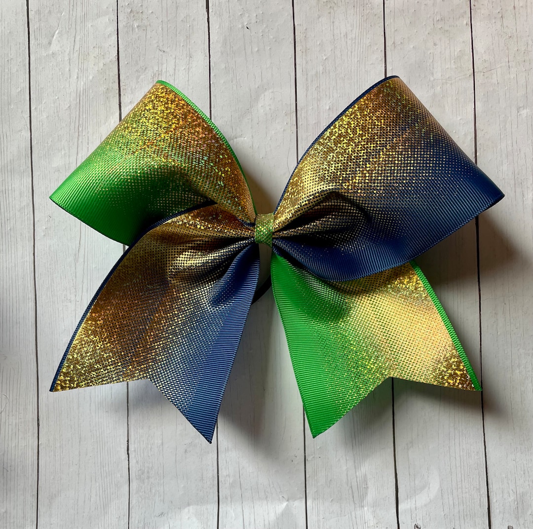 Navy Blue and Emerald Green Gold Holographic Ombré Cheer Bow / Tick ...
