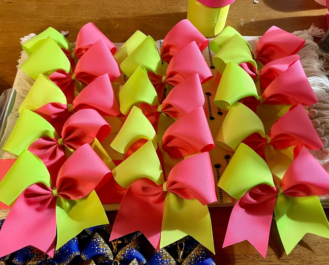READY TO SHIP - Neon Cheer Bows - Neon Pink Neon Yellow Tick Tock Cheer ...