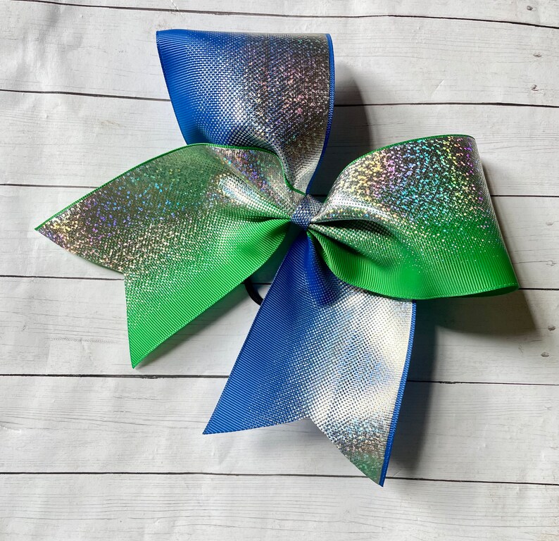 Emerald Green and Royal Blue Silver Holographic Ombré Cheer Bow / Tick ...