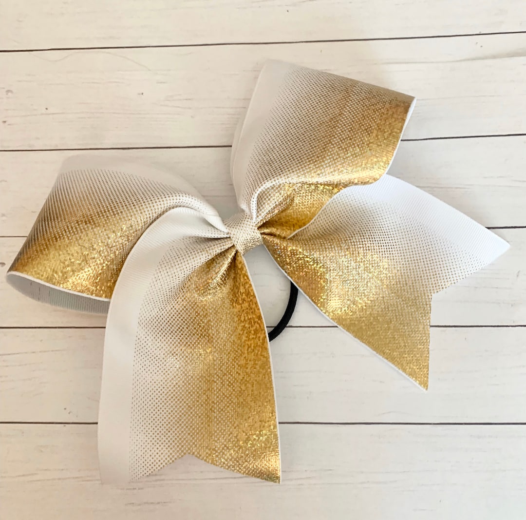 WHITE Cheer Bow GOLD Ombré Big 3” Grosgrain ( Ribbon Hologram Girls ...