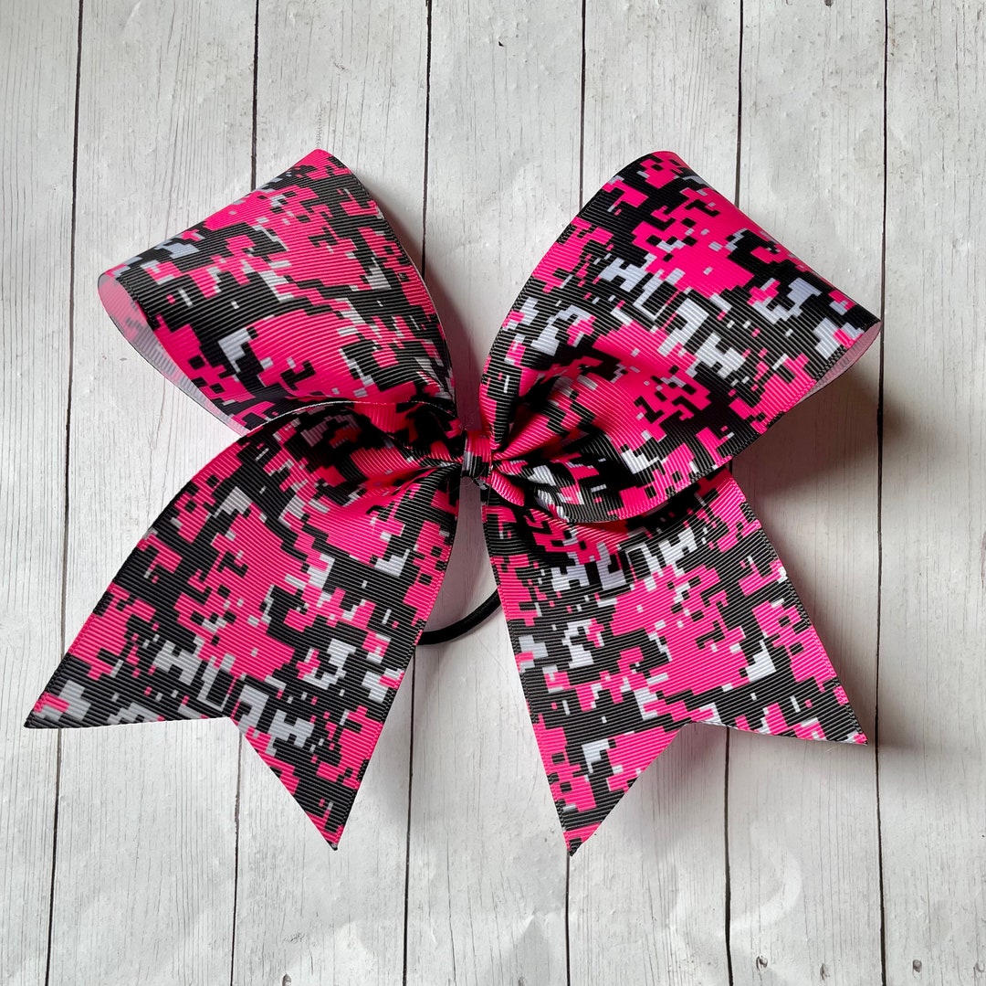 NEON PINK Cheer Bow - Black Gray Digital CAMO Big Grosgrain Ribbon ...