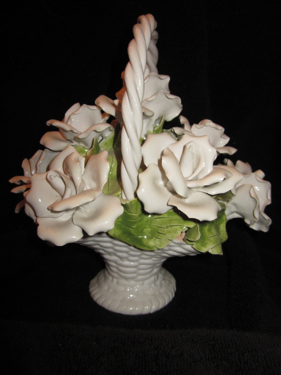 Vintage Porcelain Roses in Basket, White Flowers, Flower Basket, Signed ...