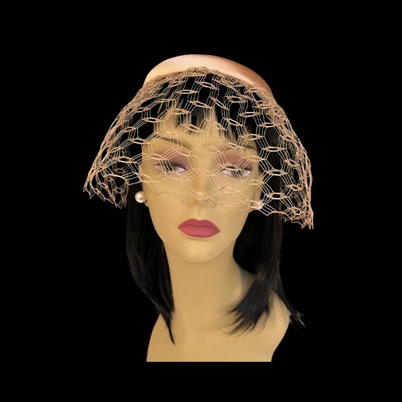 Vintage Champagne Pink Satin Ringlet Hat with Netting… - Gem