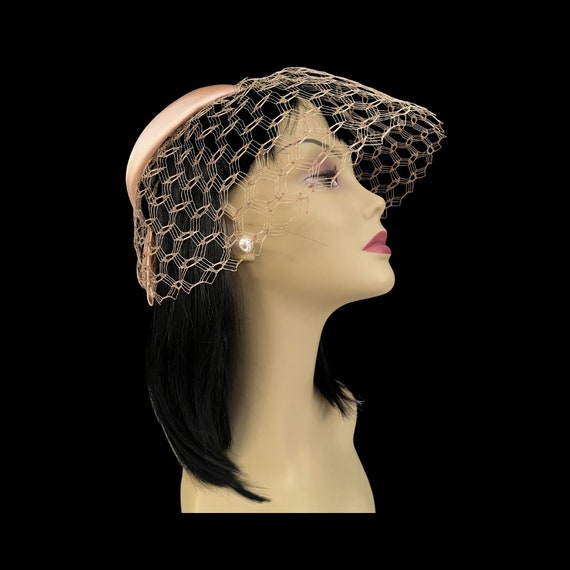 Vintage Champagne Pink Satin Ringlet Hat with Netting… - Gem