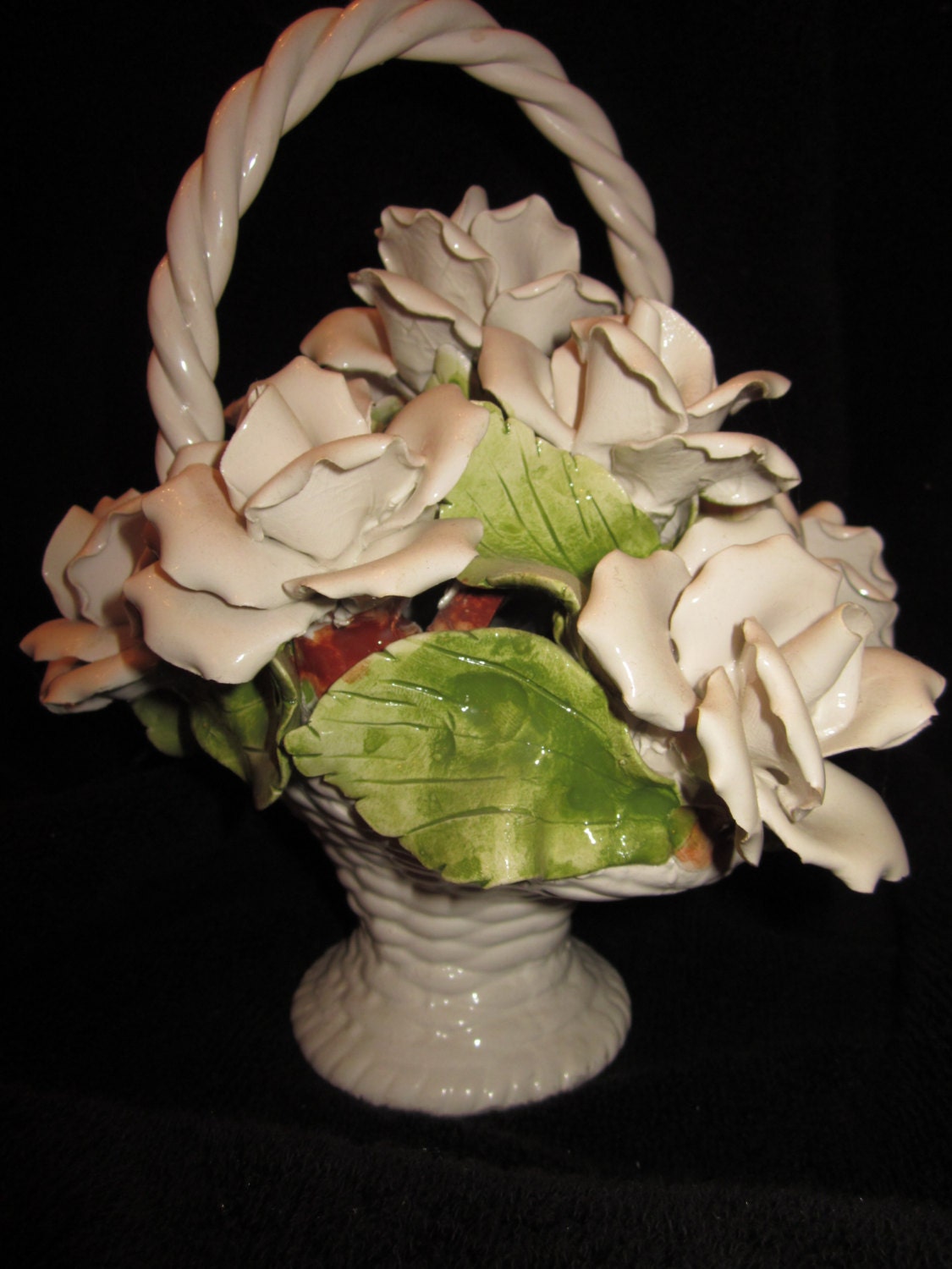 Vintage Porcelain Roses in Basket, White Flowers, Flower Basket, Signed ...