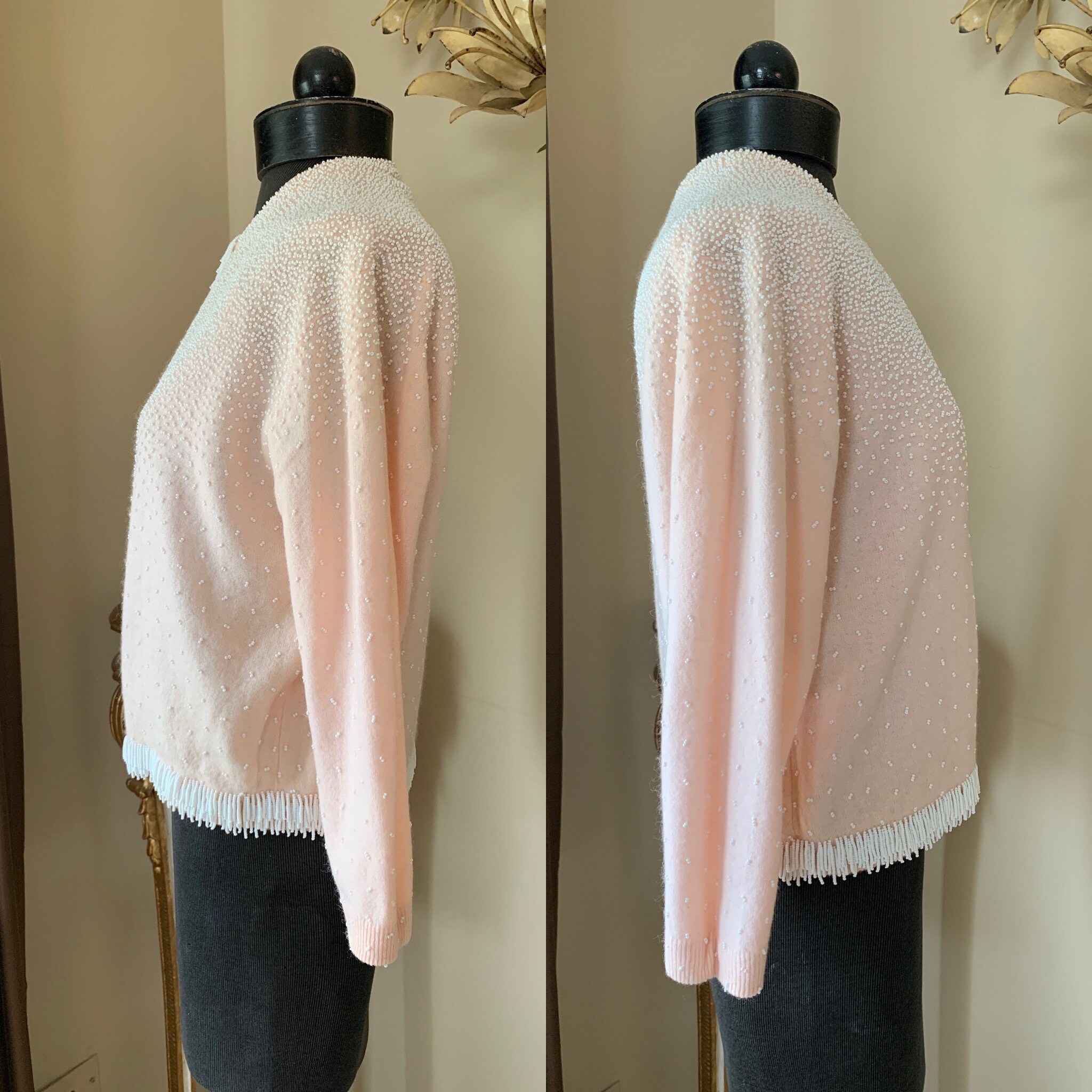 Baby Pink Angora Cardigan Sweater With White Beaded Decoration and ...