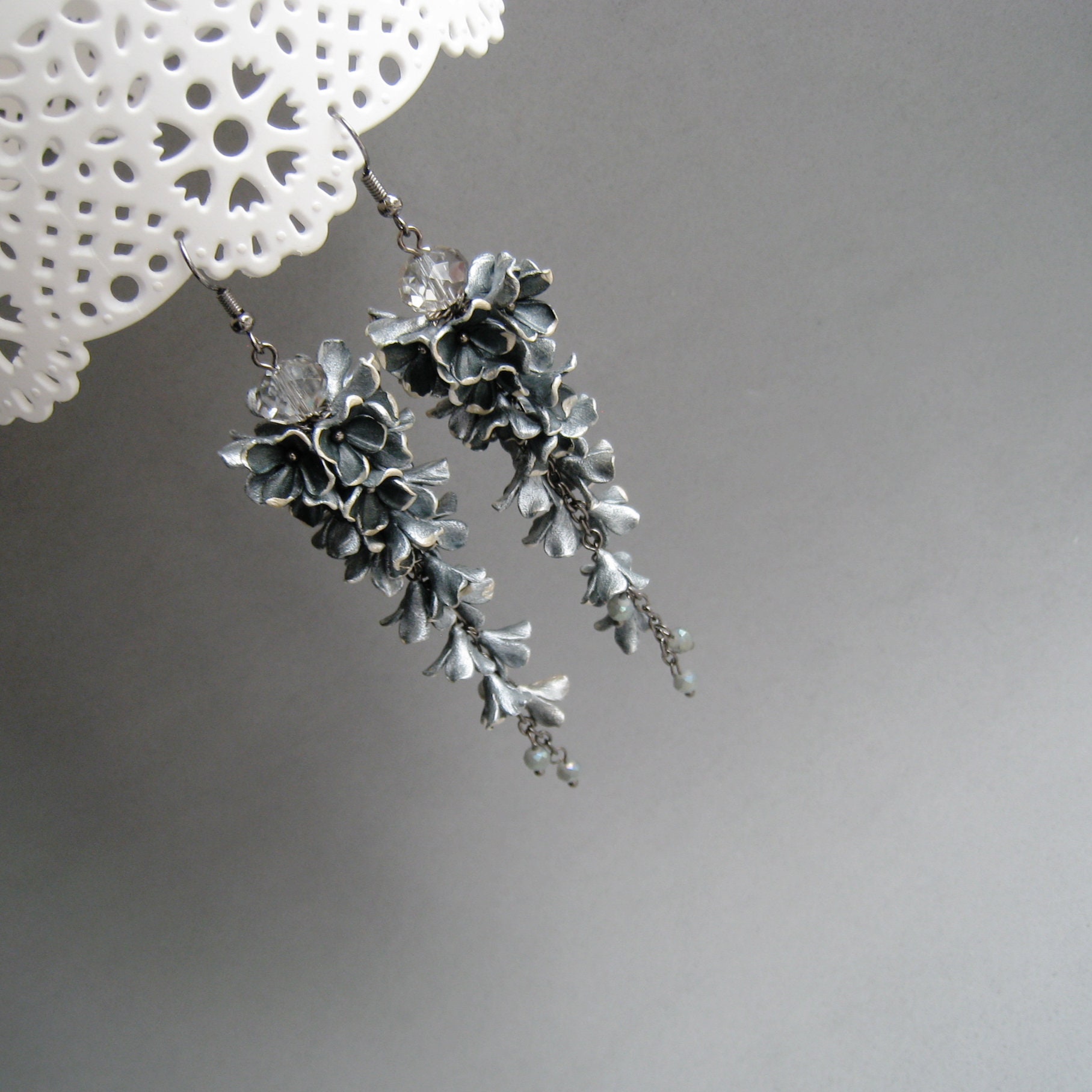 Dark gray floral Long cluster gray earrings Botanical Gothic | Etsy