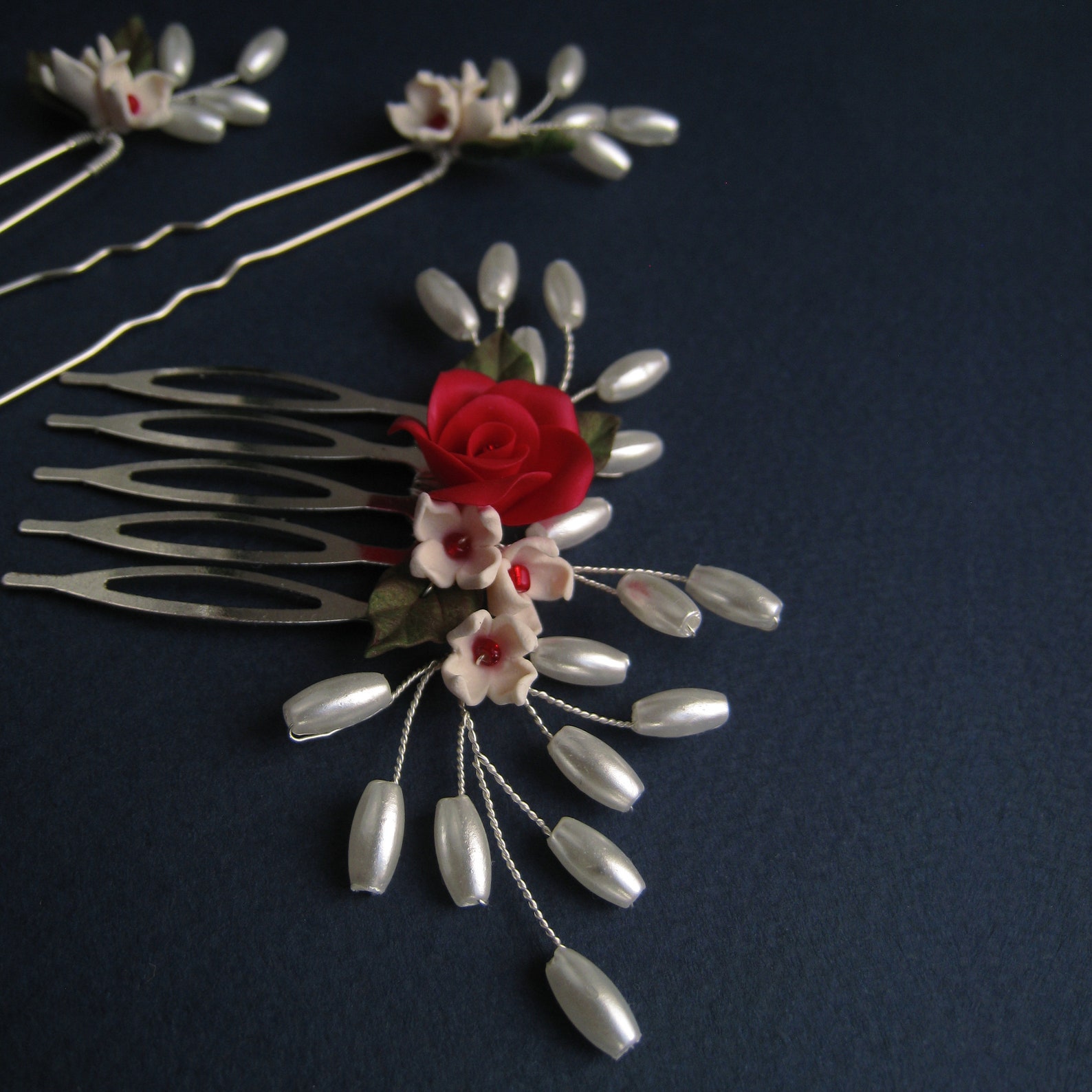 Set of 3 Hairpiece Red Rose Beige Flowers Beads Vine Floral - Etsy
