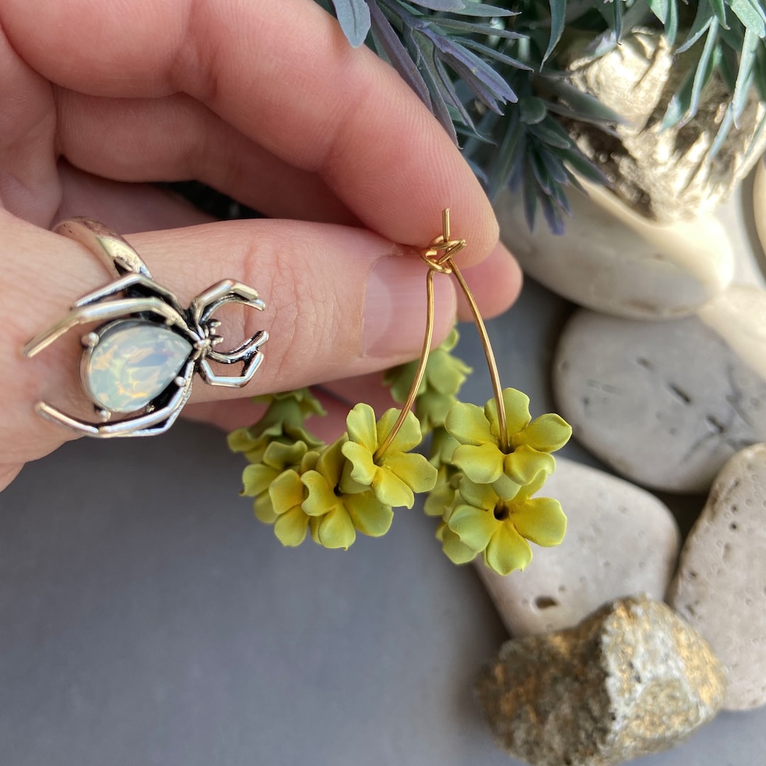 Green Yellow Pakalana Earrings Gold Hoops Hawaiian Bridal Floral Clay ...