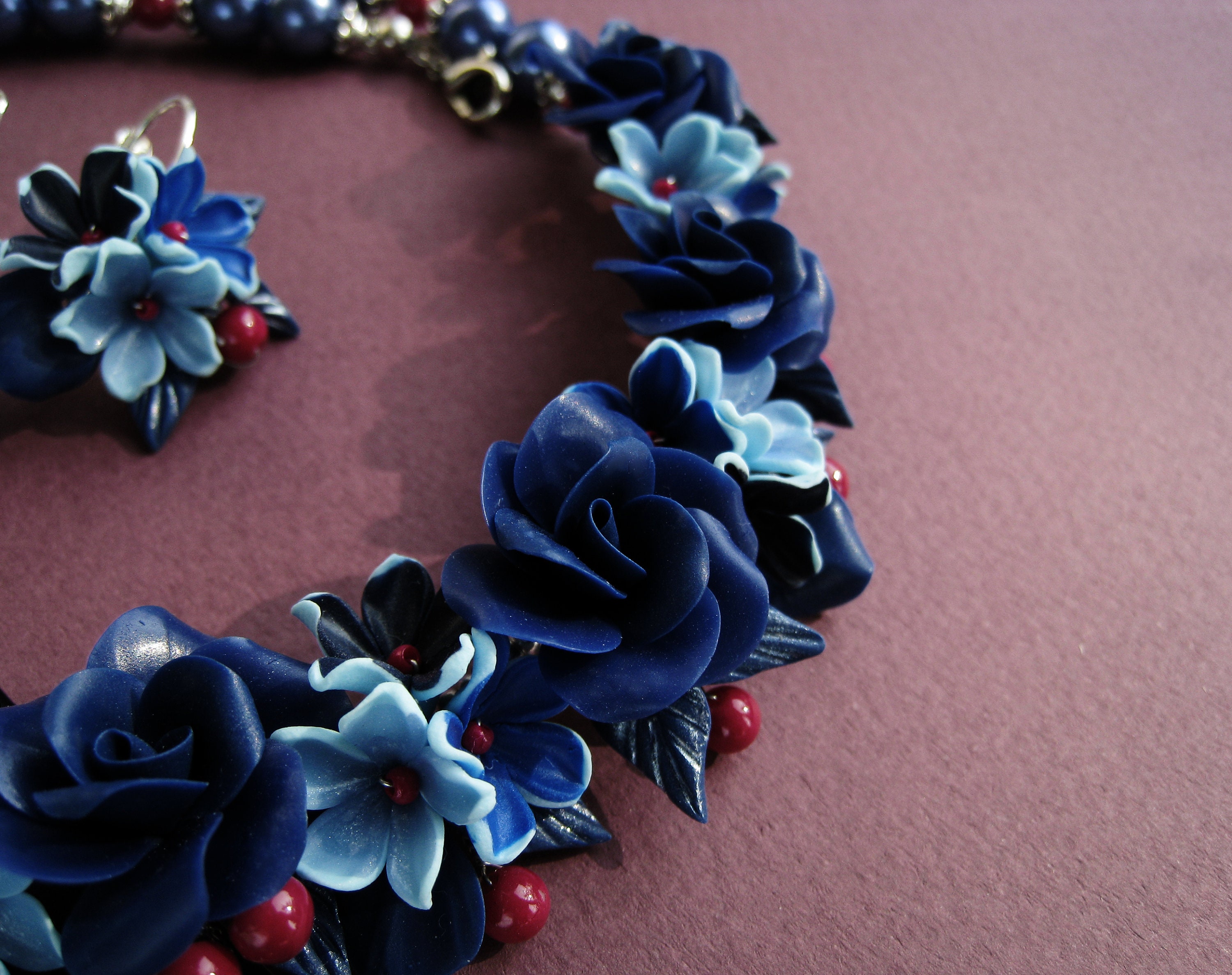 Royal Blue jewelry set Navy blue rose Wedding floral necklace | Etsy