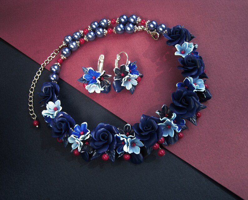 Royal Blue Jewelry Set Navy Blue Rose Wedding Floral Necklace | Etsy