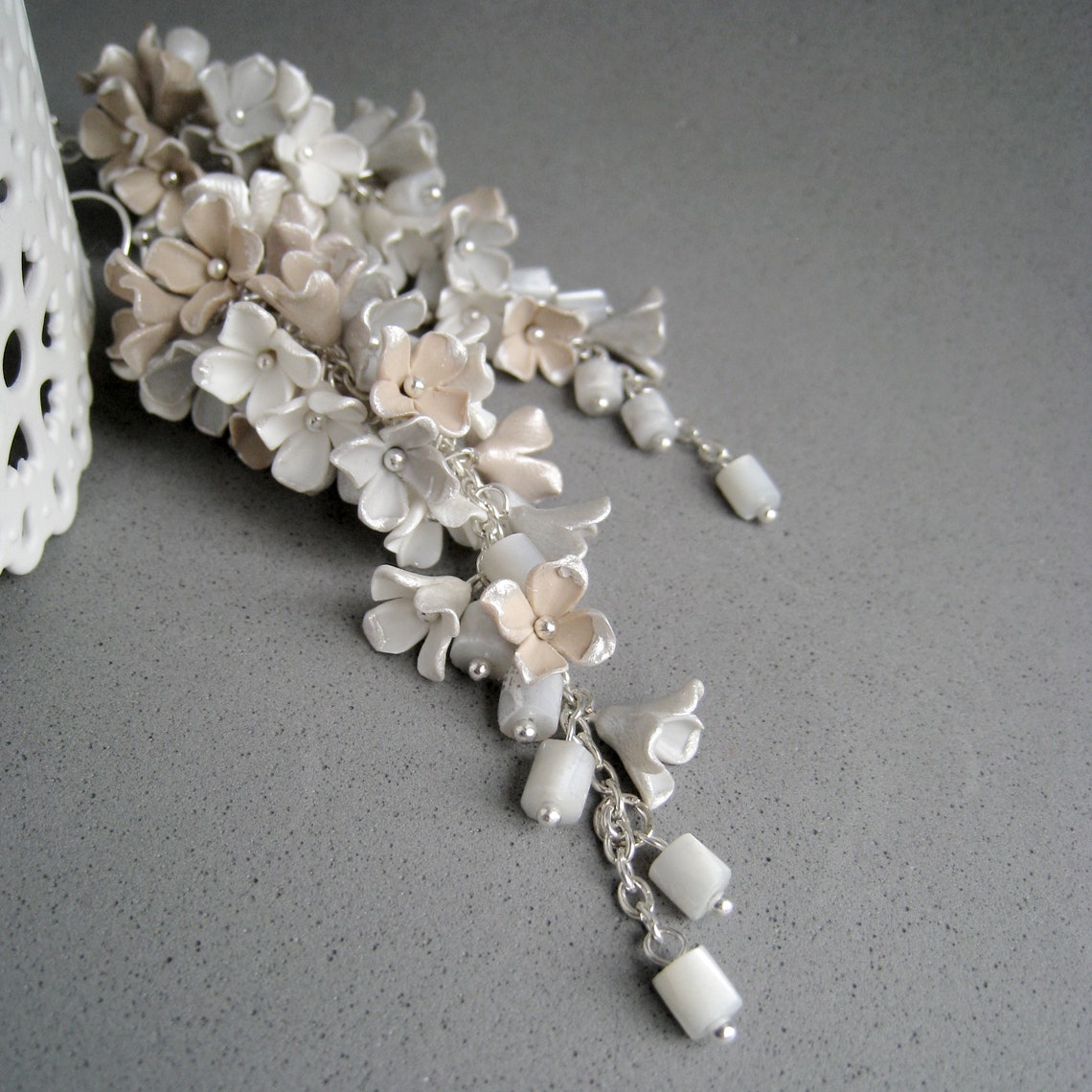Large Statement Earrings White Dusty Gray Beige Flower Long - Etsy
