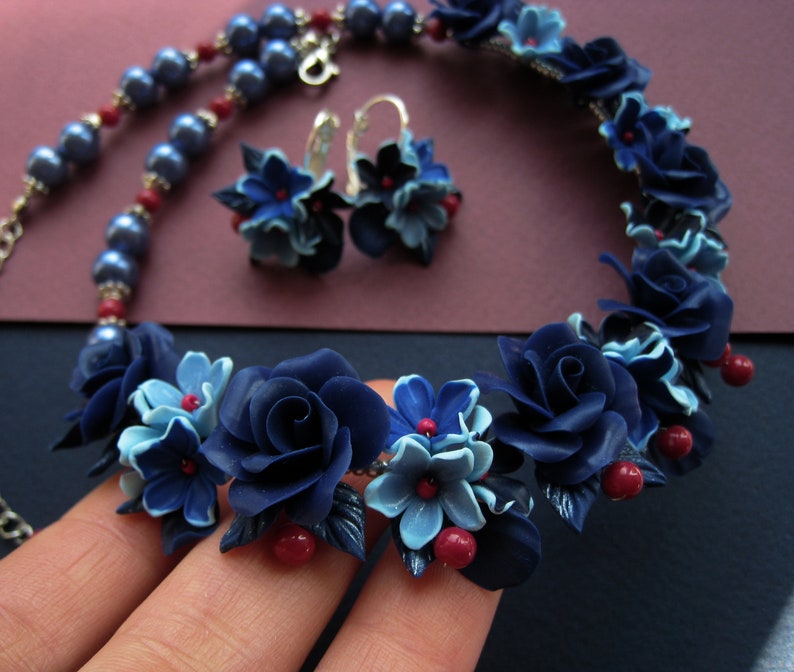 Royal Blue Jewelry Set Navy Blue Rose Wedding Floral Necklace | Etsy
