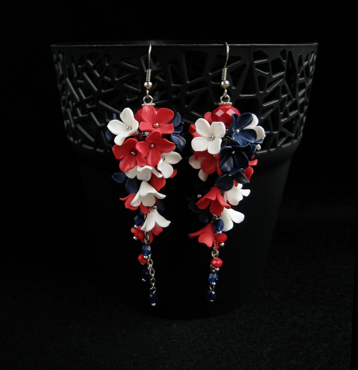 Long Red Blue White Earrings Cluster Drop Floral Jewelry Gift - Etsy