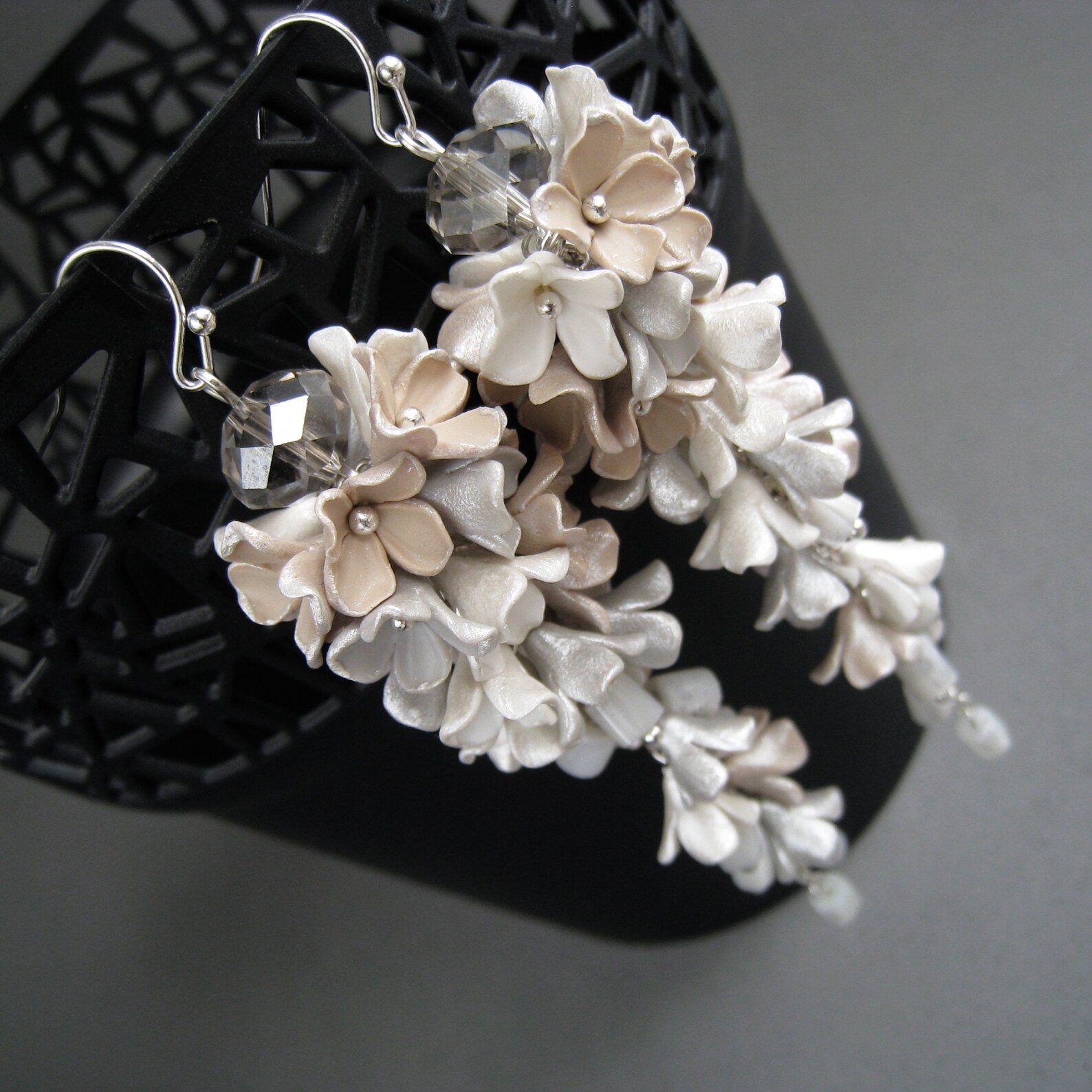 Large Statement Earrings White Dusty Gray Beige Flower Long - Etsy