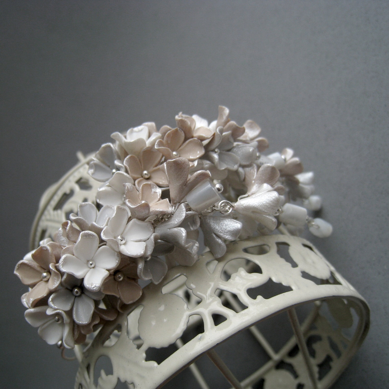 Large Statement Earrings White Dusty Gray Beige Flower Long - Etsy