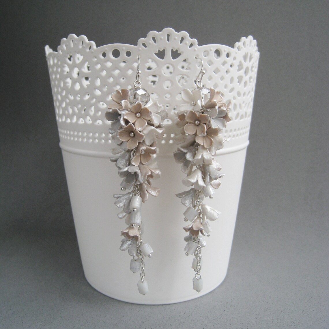 Large Statement Earrings White Dusty Gray Beige Flower Long - Etsy