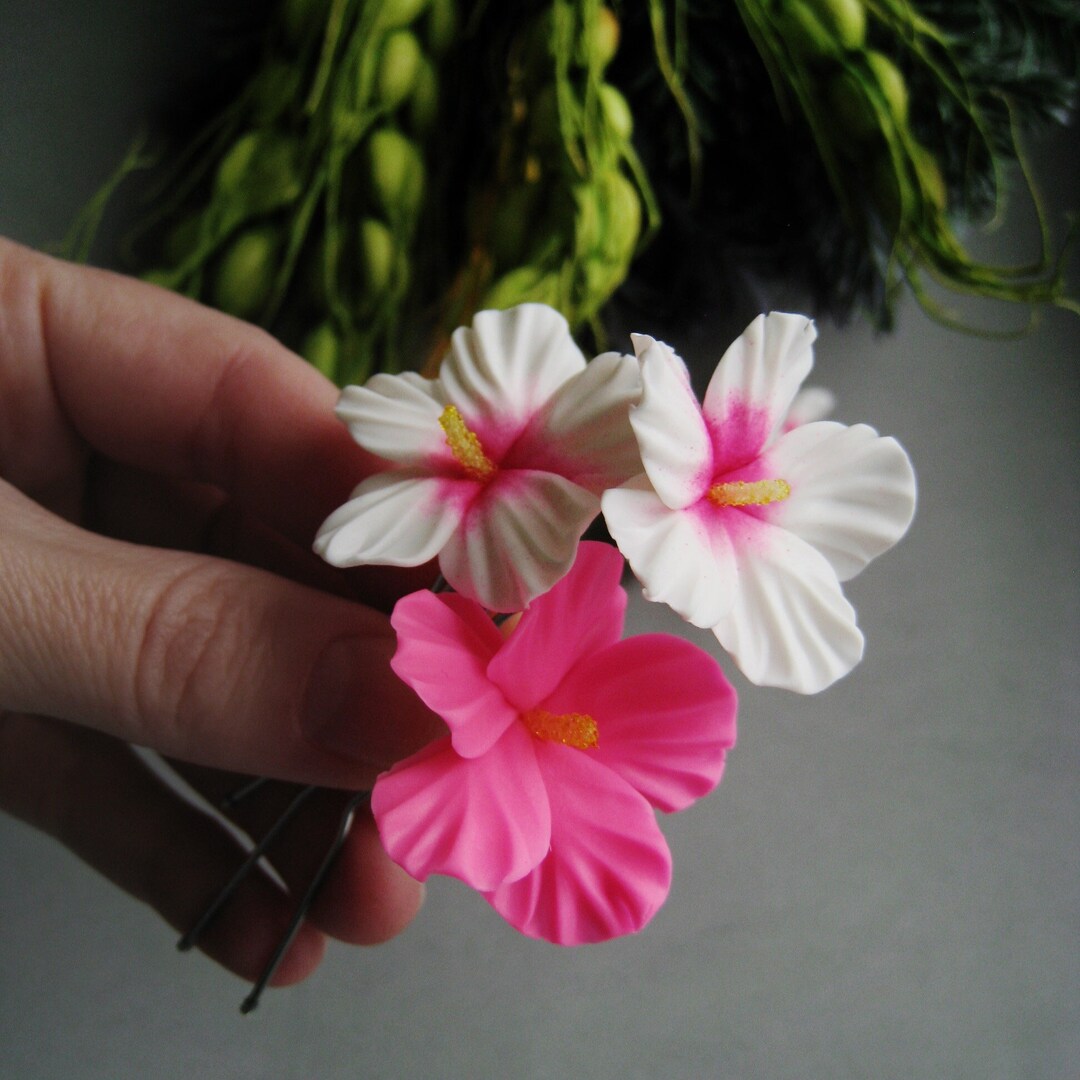 White Pink Hibiscus Pins Set 3pcs Tropical Flowers Bridal Hair ...