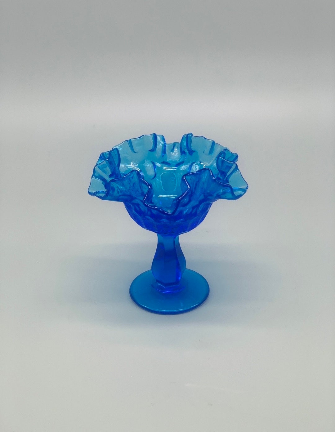 Vintage Fenton Glass Candy Dish Glossy Bright Blue Glass Footed Ruffled ...